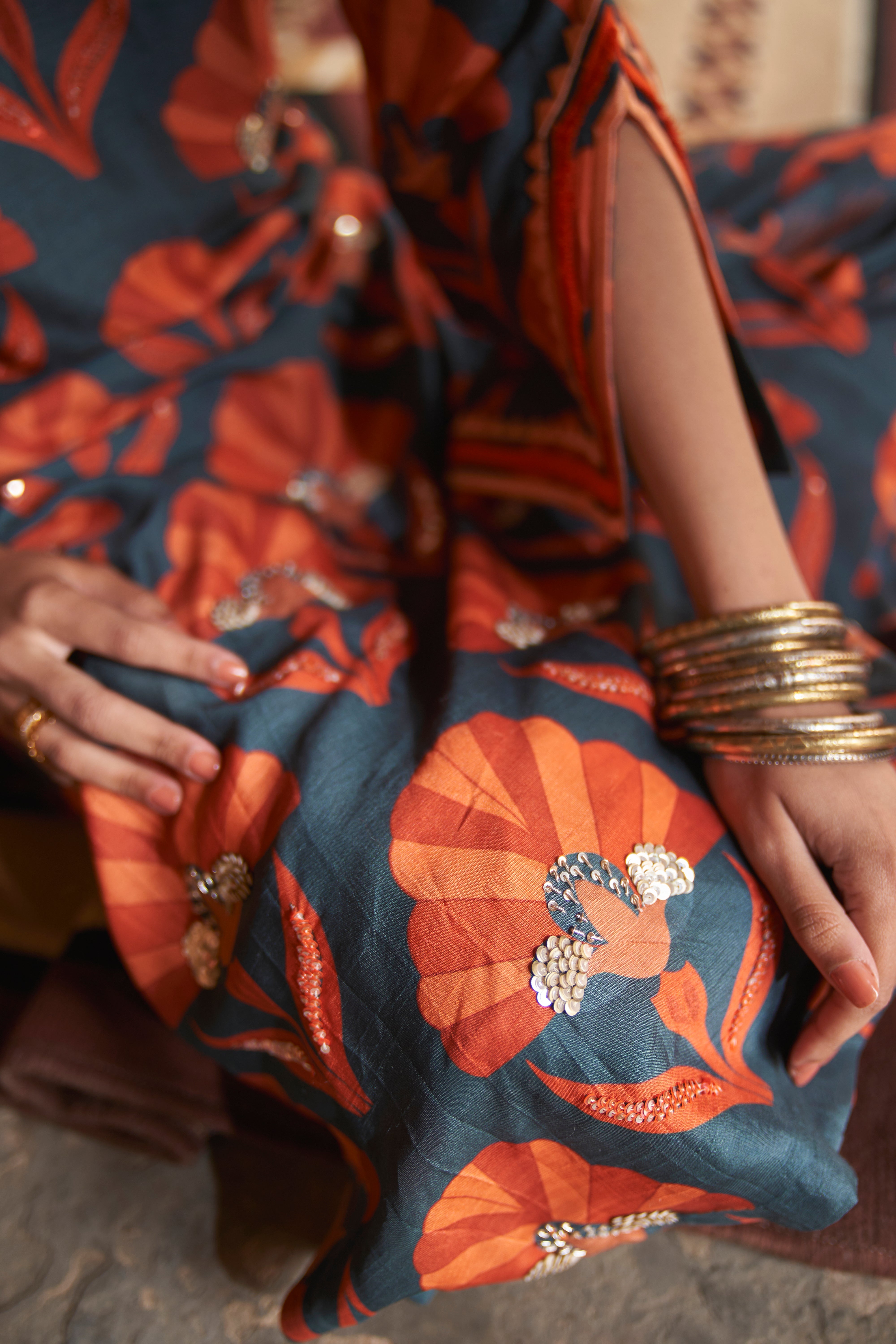 Navy Shell Print Bemberg Silk Kurta Set | Archana Shah